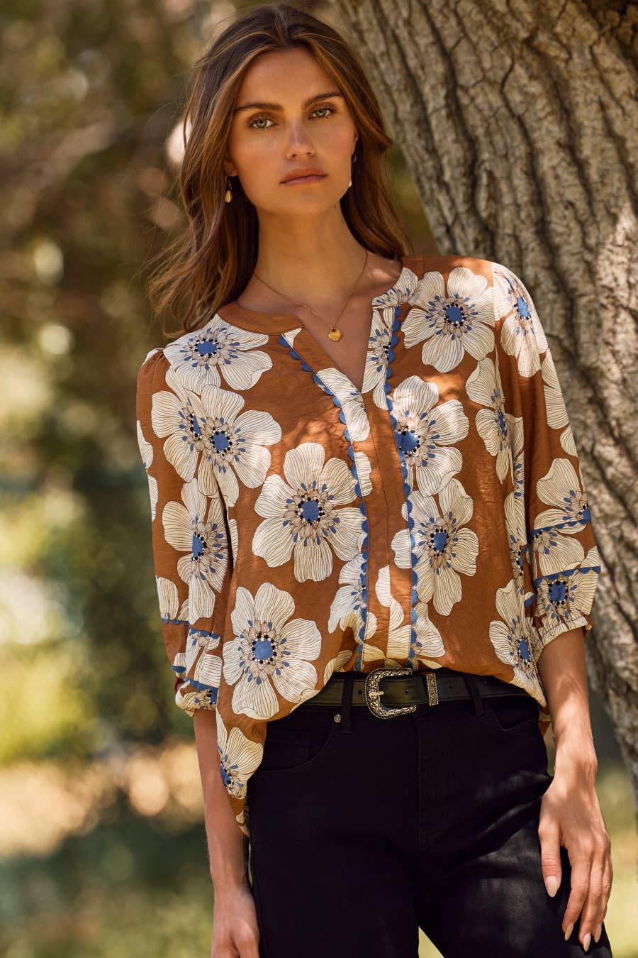 Floral Printed 3/4 Sleeve Blouse – Peach Petunia